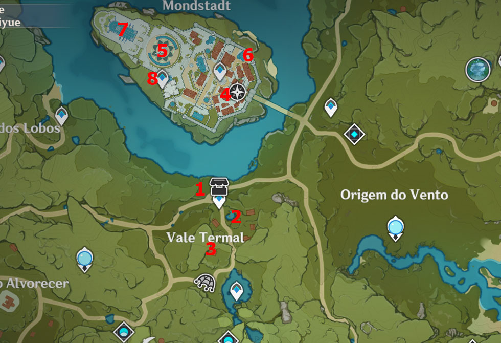 Mapa com a localização dos Cestos Abundantes no Genshin Impact